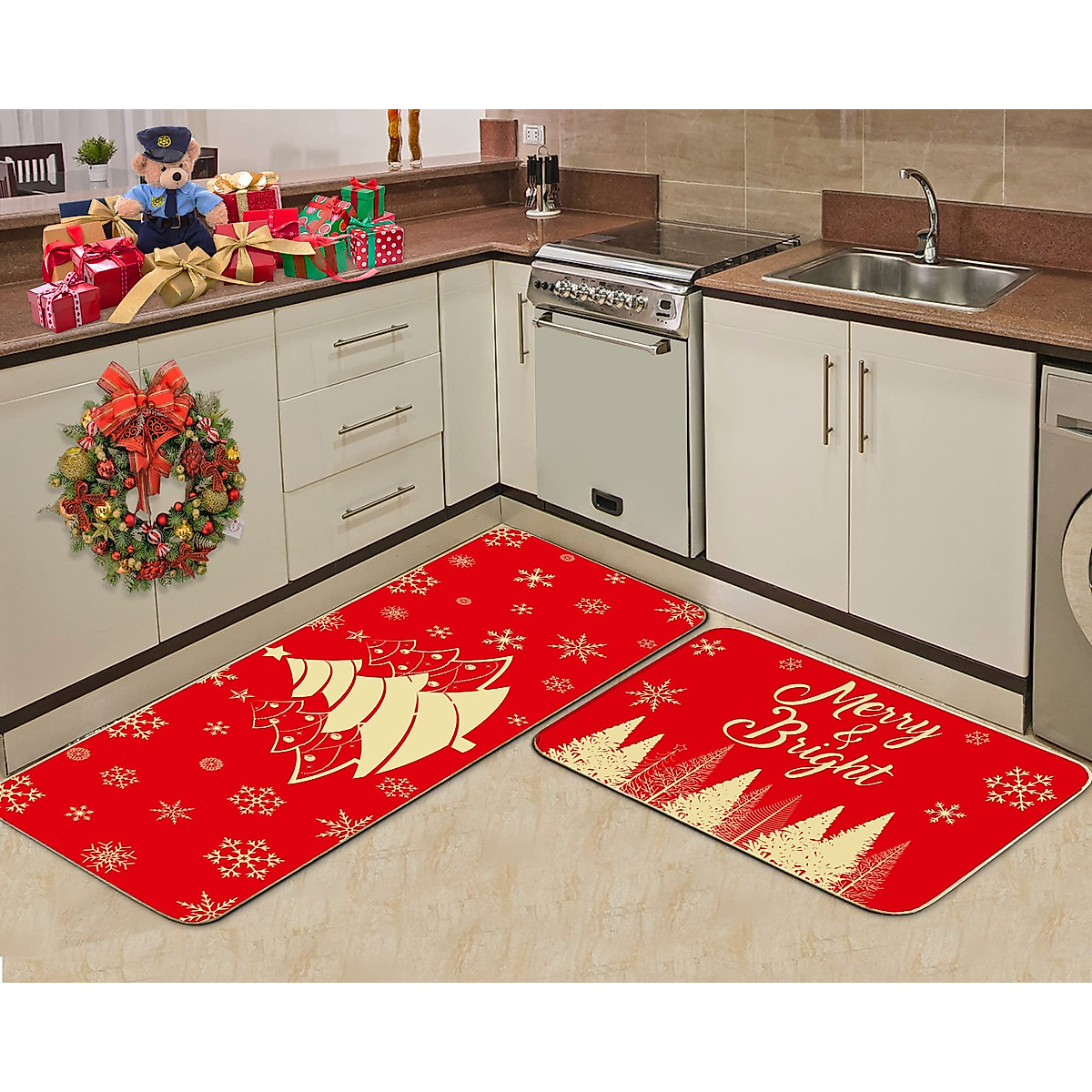 Merry Christmas Kitchen Rugs Set of 2 Red Farmhouse Decorative Rubber Backing Xmas Winter Holiday Floor Mat Anti-slip Merry & Bright Decorations for Indoor Outdoor Home Kitchen 17x28 and 17x47 Inch