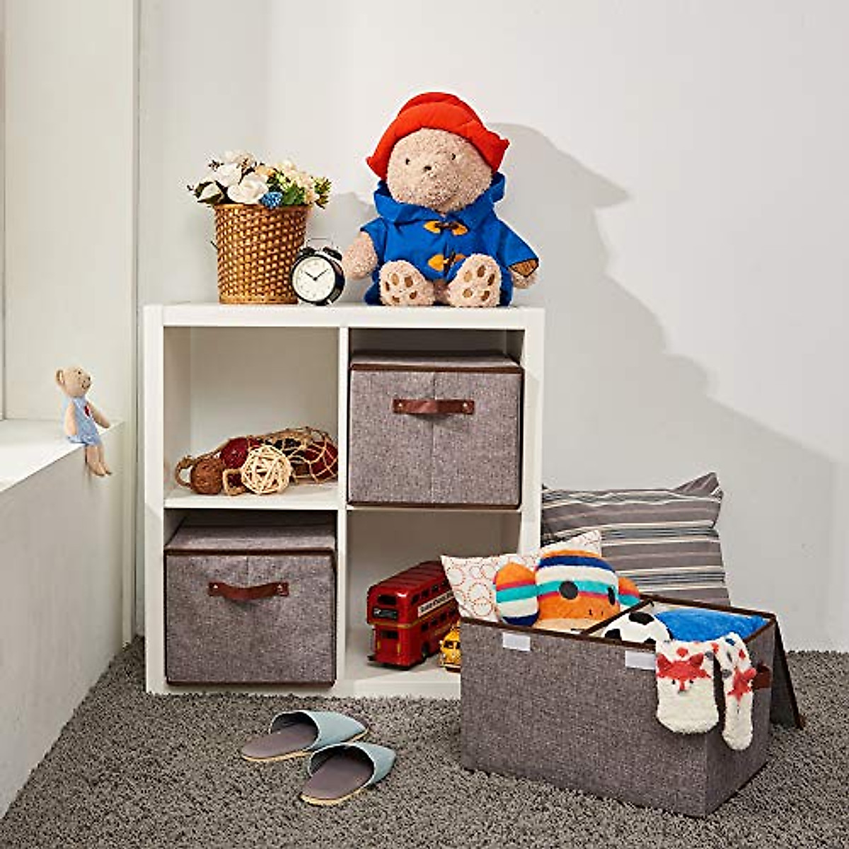 EZOWare Large Storage Boxes [3-Pack] Large Linen Fabric Foldable Storage Cubes Bin Box Containers with Lid and Handles for Nursery, Closet, Kids Room, Toys, Baby Products (Gray)