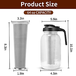 Behidiruch Cold Brew Coffee Maker Pitcher, 64 oz Iced Coffee Maker with Stainless Steel Filter and Pour Spout Handle Lid, Wide Mouth Thick Glass Mason Jar for Iced Coffee, Lemonade, Fruit Drinks