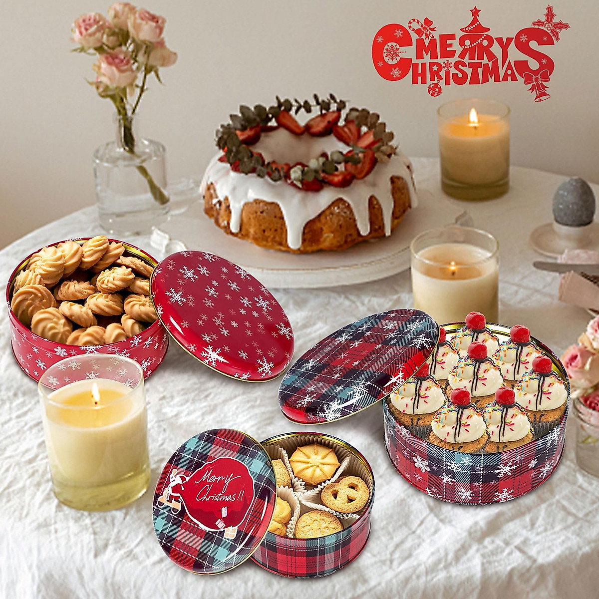 Yeenoon 3 Pack Christmas Cookie Tins with Lids, Round Sturdy Gift Tins, Christmas Baking Cake Container for Storing Patisseries, Snack, Chocolate, Special Christmas Holidays Gift