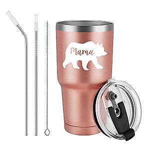 GINGPROUS Mama Bear Travel Tumbler, Mother's Day Birthday Christmas Gifts for Best Mom Mother New Mom Mom to Be Mama, Stainless Steel Insulated Travel Tumbler with Lid and Straw(30 Oz, Rose Gold)