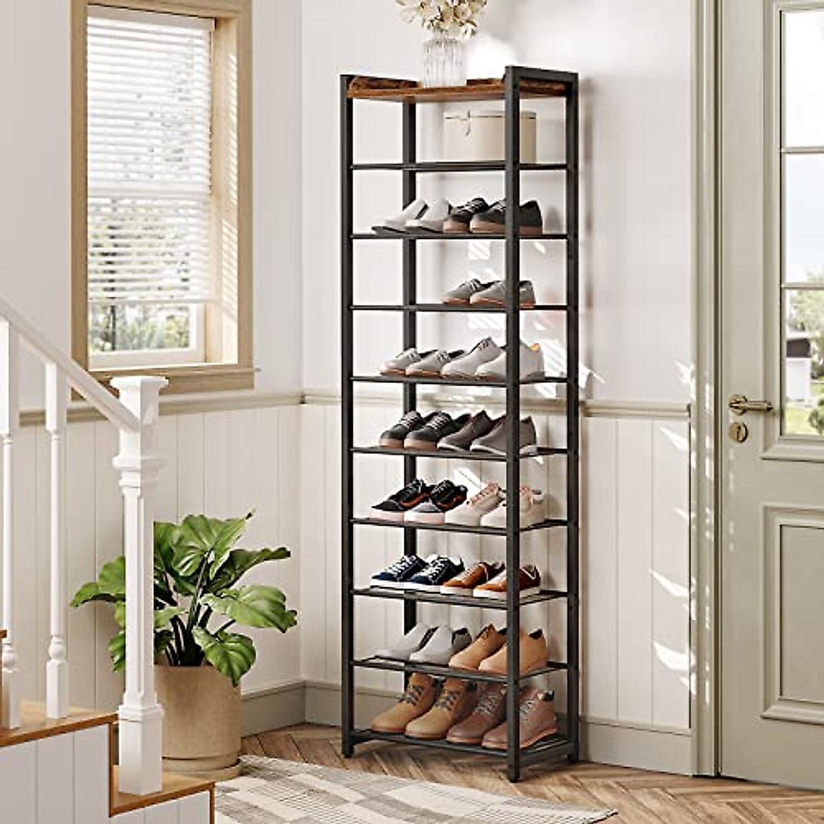 HOOBRO 10 Tier Shoe Rack, Narrow Shoe Storage Organizer with 9 Metal Shelves, Saving Space, Stable and Sturdy, Hold 18-27 Pairs of Shoes, for Entryway, Hallway, Living Room, Rustic Brown BF40XJ01