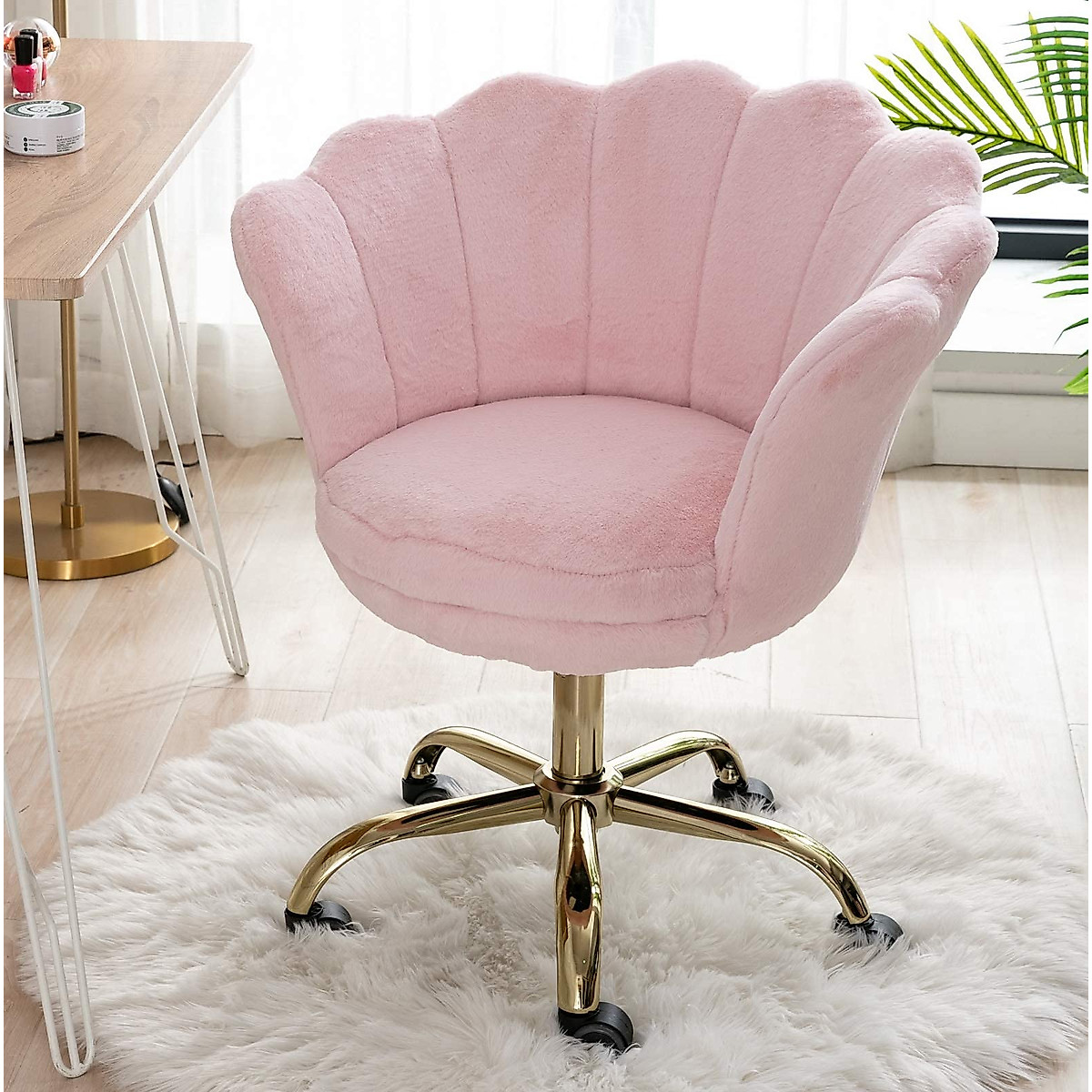 Pink Desk Chair Fluffy Task Vanity Chair Home Office Chair Adjustable Rolling Swivel Chair with Wheels for Teens Adults Bedroom Study Room, Faux Fur