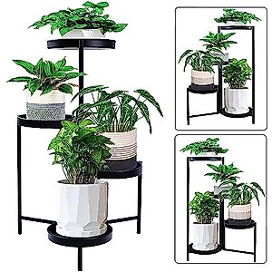 Plant Stand Indoor Outdoor 4 Tier Tall Metal Potted Multiple Flower Pot Holder Shelf Rustproof Iron Round Supports Planter Plant Rack for Corner Garden Balcony Patio