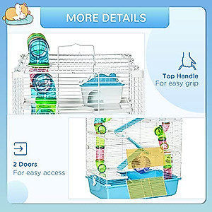 PawHut Extra Large 23" Hamster Cage with Tubes and Tunnels, Portable Carry Handles, Rat House and Habitats Big 5-Tier Design, Includes Exercise Wheel, Water Bottle, Food Dish, Light Blue