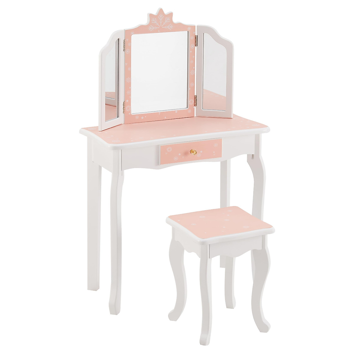 Kids Vanity Table & Stool Set, Girls Vanity Set with Detachable Tri-Folding Mirror and Drawer, 2 in 1 Princess Makeup Dressing Table and Writing Desk for Girls, Kids Age 3-8 (Pink)