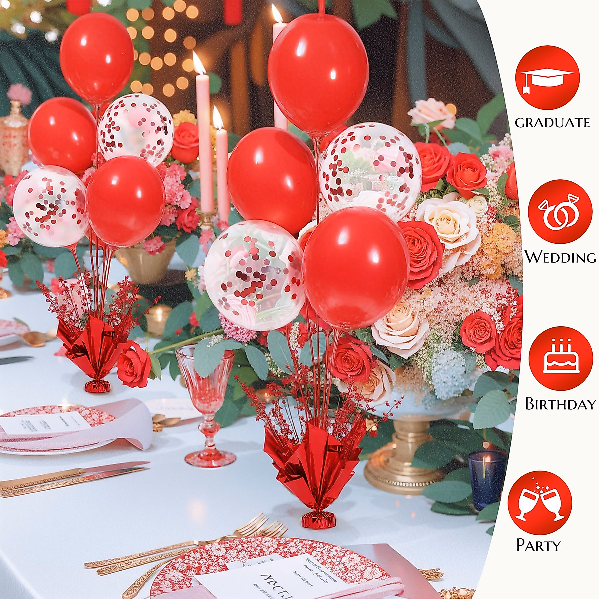 2 Set Red Table Balloons Centerpiece with 12 Red and Confetti Balloons Stand Kit for Graduation Birthday Party Baby Shower Merry Christmas Valentine's Wedding Prom Cake Table Decorations