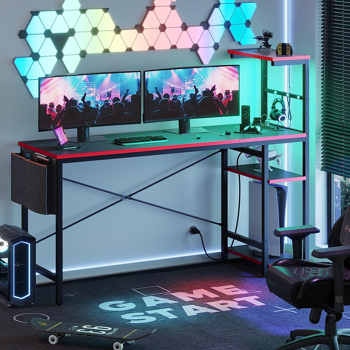 Bestier Gaming Desk with Power Outlets, 61 Inch Large Led Gamer Desk with 4 Tiers Reversible Shelves, PC Gaming Table with Headset Hook & Side Storage Bag for Bedroom (Black 3D Carbon Fiber)