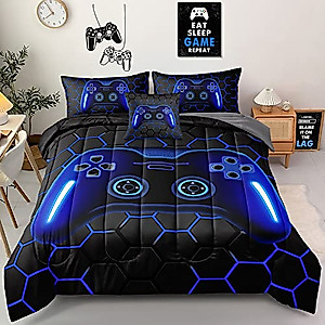 Z.Jian HOME 5 Pieces Gaming Bedding Set Twin Size for Boys Gamer Comforter Set for Boys Girls Kids Teens 5 Piece Bed in A Bag Video Game Bedding for Gamer Room Decorative Twin45