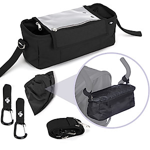 BTR Baby Stroller Organizer with Drink and Cup Holders, 2 Extra Stroller Hooks, Waterproof Cover, Shoulder Strap, Zipped Pocket. Fits all Strollers