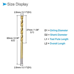CoCud Twist Drill Bits, 2.8mm Drilling Diameter, Titanium Coated High Speed Steel 6542 Straight Round Shank - (Applications: for Stainless Steel Alloy Metal), 12-Pieces