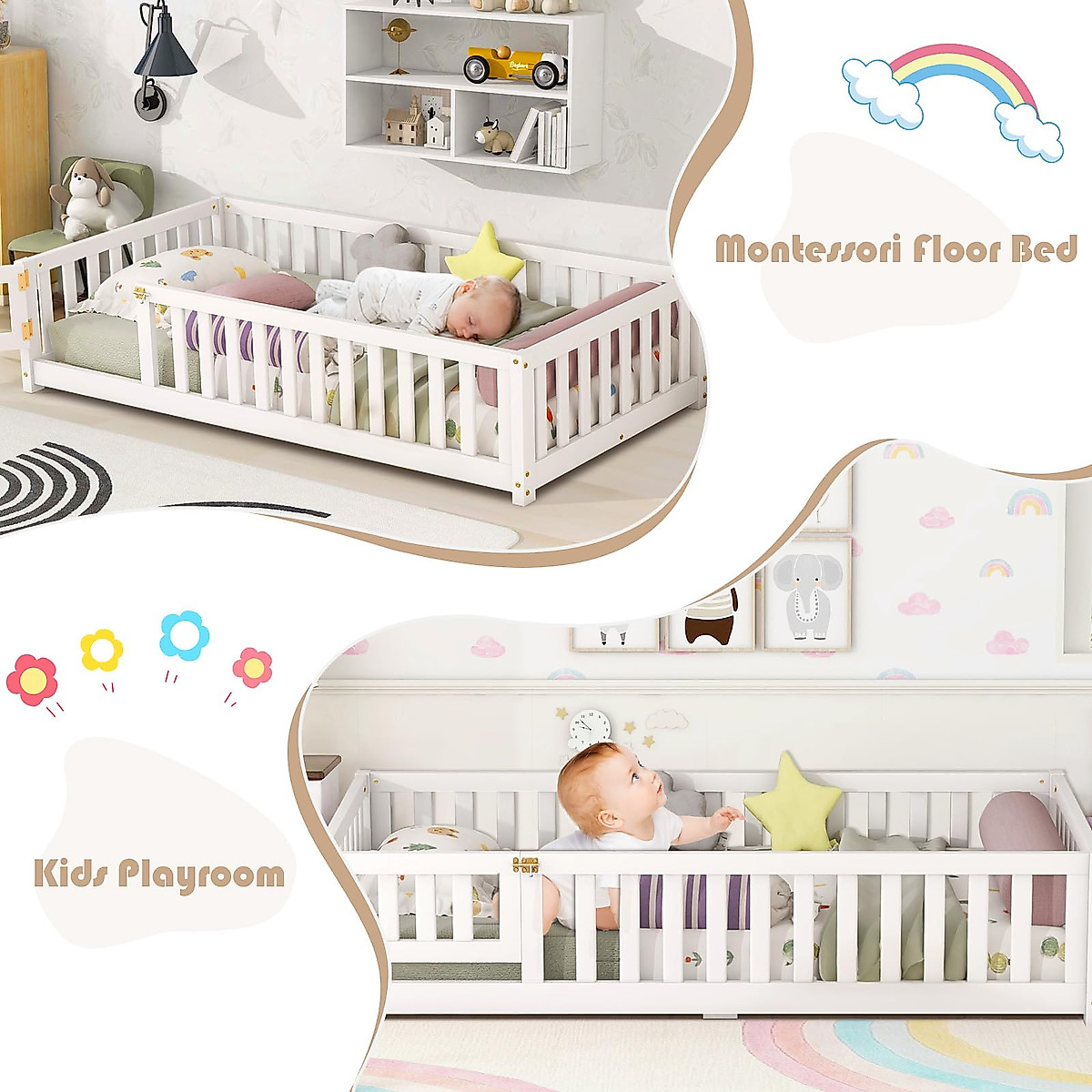 GEEVIVO Twin Size Montessori Floor Bed, Kids 1-3 Wooden Playhouse Bed Frame w/Door, Slats and Safety Fence, Floor-Bed-Frame for Children Bedroom, Boys Girls, Kids Playroom