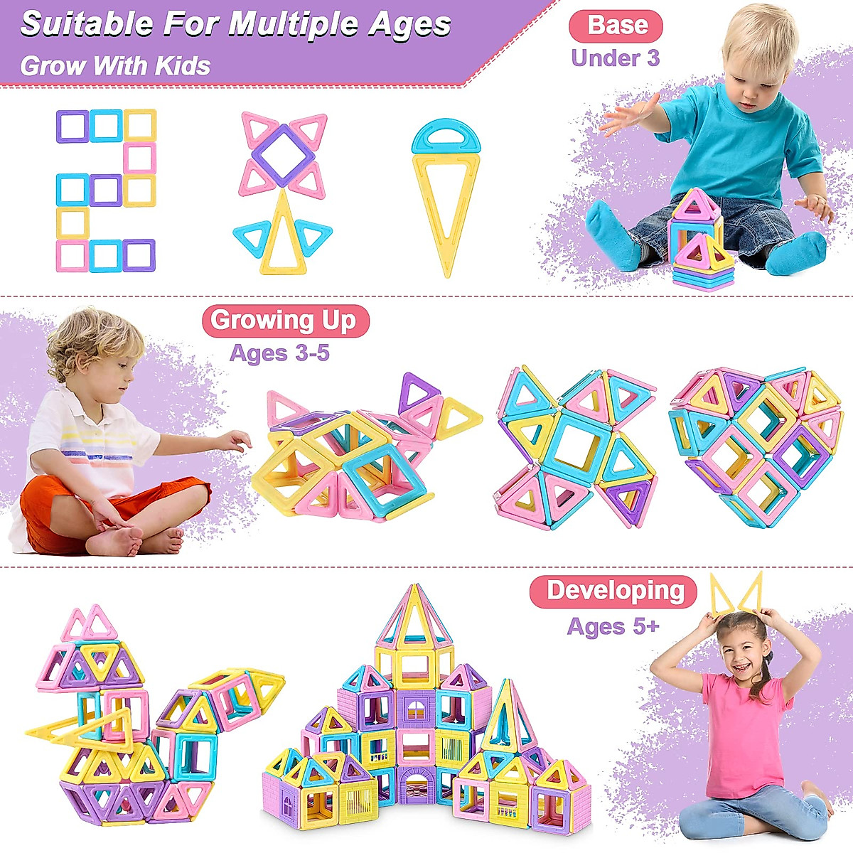 54 PCS Magnetic Blocks, Toddler Toys for 3+ Year Old Girls & Boys, Magnetic Tiles Castle Building Blocks Princess Toys, Birthday Gifts for 3 4 5 6 7 8 Year Old, Learning STEM & Sensory Toys for Kids