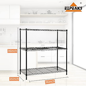 EZPEAKS 3-Shelf Shelving Unit with 3-Shelf Liners, Adjustable Rack, Steel Wire Shelves, Shelving Units and Storage for Kitchen and Garage (36W x 16D x 36H) Black