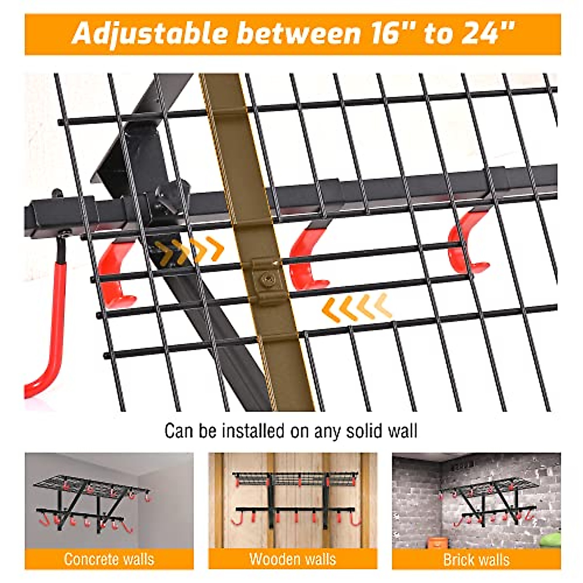 PLKOW Garage Wall Shelving 2-Pack Includes Bike Hooks, Sturdy Adjustable Garage Shelving Wall Mount Garage Wall Organizer (Black, 2-Pack)