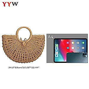 Straw Bags for Women,Hand-woven Straw Top-handle Bag with Round Ring Handle Summer Beach Rattan Tote Handbag (Khaki)