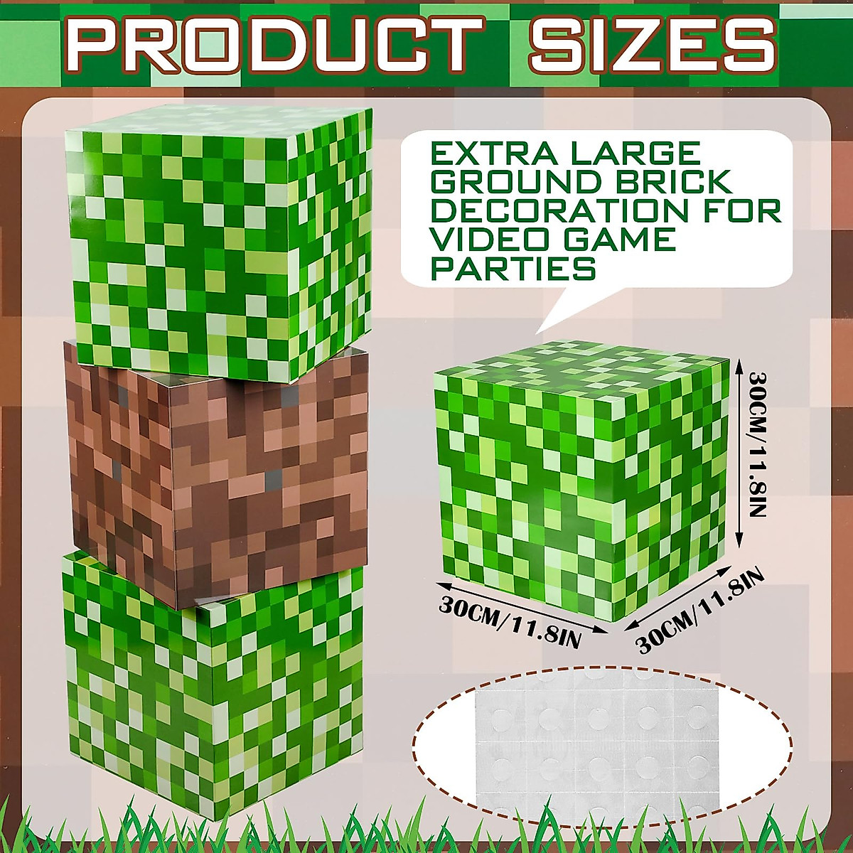 Outus 6 Pcs Large Pixel Mine Party Boxes 11.8 Inch Halloween Trunk or Treat Car Decoration Pixel Miner Video Gaming Box Pixelated Party Favor Vintage Grass Green Brown Birthday Centerpieces Xmas