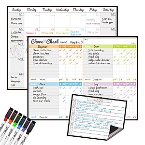 Magnetic Dry Erase Chore Chart and Calendar Bundle for Fridge - Chore Chart for Multiple Kids,Monthly Calendar,One Bonus to-do Whiteboard and 6 Extra Fine Tips Markers Included!