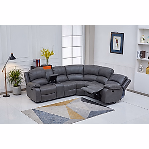 Betsy Furniture Bonded Leather Sectional in Multiple Colors, Sectional with 3 Reclining Seats, Console (Grey, Left Console Sectional)