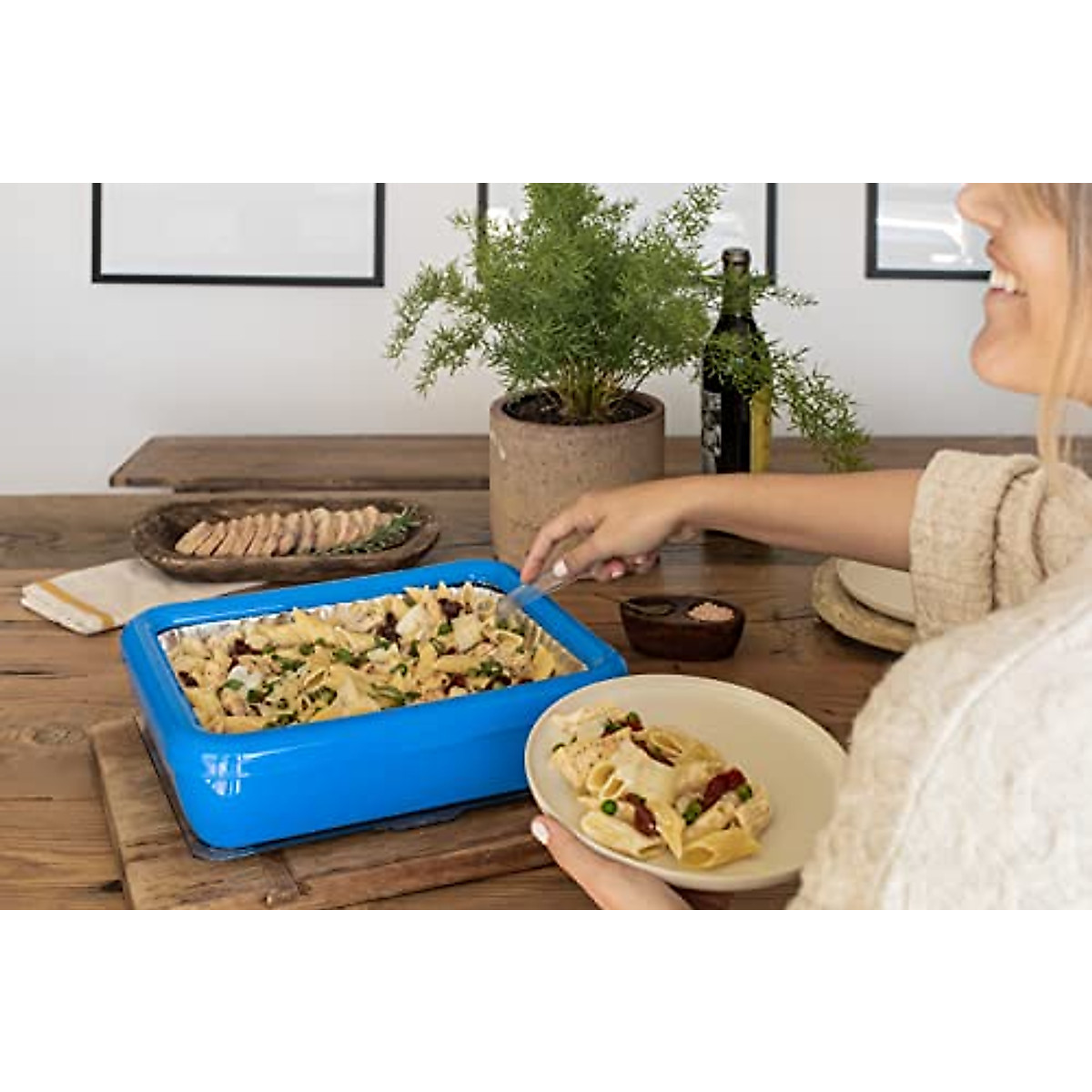 Fancy Panz Premium Dress Up & Protect Your Foil Pan, Made in USA. Hot/Cold Gel Pack, One Half Sized Foil Pan & Serving Spoon Included. Stackable for easy travel. (Denim Blue)