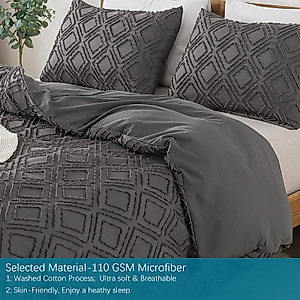 Lamourbear Jacquard & Tufted Geometric Grey Duvet Cover Queen Size Bedding Set, Soft, All Seasons, with Double-end Sliders Zipper Closure, 8 Ties, 3 Pieces (2 Pillowcase, 1 Duvet Cover), Q Dark Grey