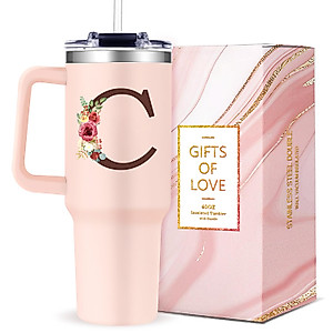 Monogrammed 40oz Tumbler with Handle for Women, Personalized Birthday Gifts for Women,Initial Cups for Woman Floral Letter C,Customized Gifts for Female Lady Gift for Mothers Day Christmas
