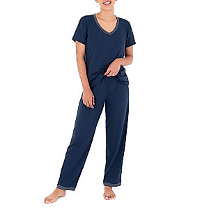 Fruit of the Loom womens Short Sleeve Tee and Pant 2 Piece Sleep Pajama Set, Midnight Blue, Large US