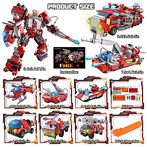 REMOKING Building Toys, STEM 9-in-1 Fire Truck Robot Building Block Model Kit Toy, Learning Educational 642 Pcs Building Bricks Gifts for Kids Boys Girls Ages 6 7 8 9 10 11 12 Years Old
