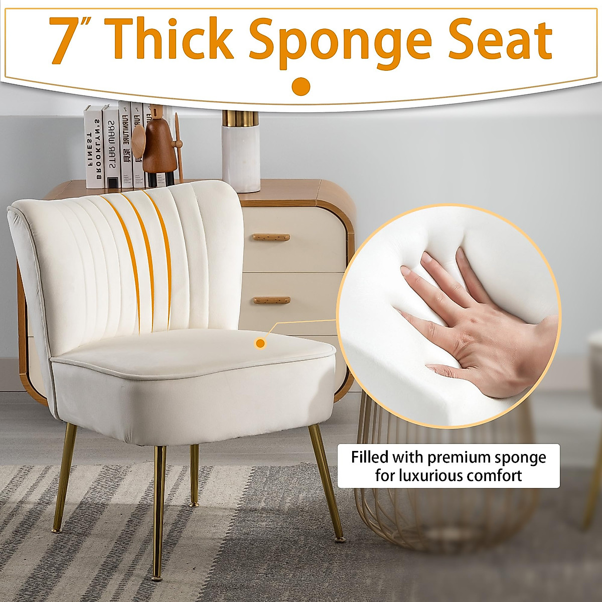 ABET Accent Chairs Set of 2, Velvet Armless Living Room Chairs with Tufted Wingback Thicken Cushion Gold Metal Legs, Comfy Upholstered Side Chairs Slipper Chairs Club Chairs for Bedroom, Beige