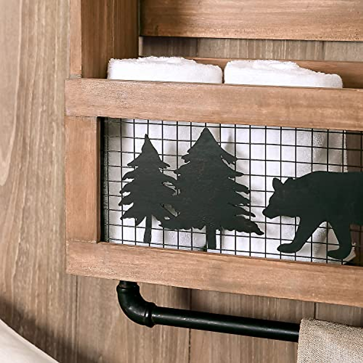 Synovana Cabin Style Hanging Towel Rack with Bar Farmhouse Wooden Floating Shelf Bear Wall Decor Rustic Wall Mounted Storage Towel Rack for Bathroom Kitchen Living Room Home Decor