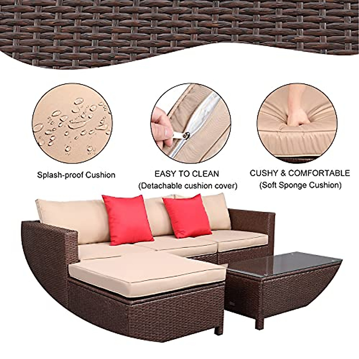 L-DREAM Garden Furniture Sofa Set 5-Piece - PE Brown Wicker Rattan Sofa - with Tempered Glass Coffee Table and Washable Couch Cushions - for Patio Balcony Conversation Sofa (Color : Brown)
