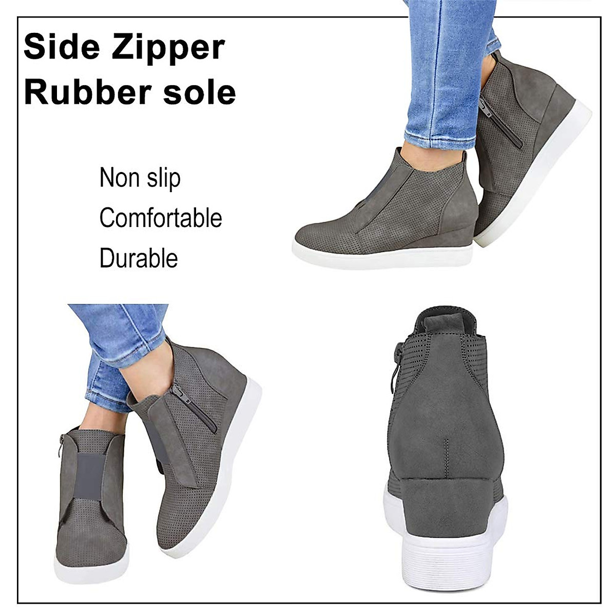 Athlefit Women's Wedge Sneakers Hidden Heel Platform Wedge Booties Hidden Wedgie Sneakers Size 8 Grey