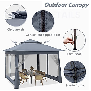 Gazebo, CBBPET 11'x 11' Pop Up Gazebo with Mosquito Netting, Outdoor Canopy with Double Roof Tops and 121 Square Feet of Shade for Patio, Group Gatherings, Camping Shelter (Gray)