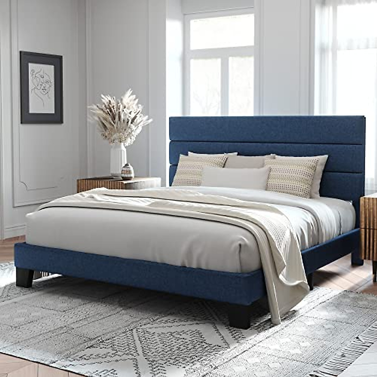 Allewie King Size Platform Bed Frame with Fabric Upholstered Headboard and Wooden Slats Support, Fully Upholstered Mattress Foundation/No Box Spring Needed/Easy Assembly, Navy Blue