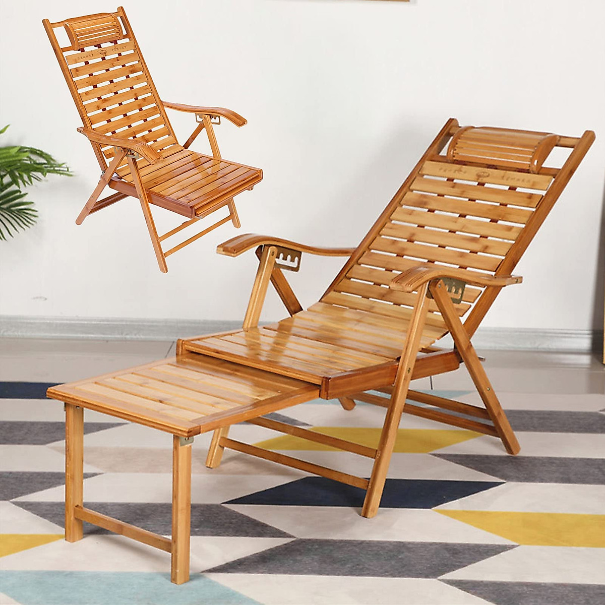 Lounge Chair, Outdoor Garden Furniture Chair Wooden Recliner Chair Bamboo Chaise Foldable Rocking Chairs Max Load 200kg