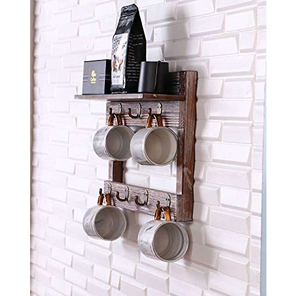 Encozy Wall Mounted Cup Rack with Shelf,Coffee Mug Holder Wood Cup Organizer with 7 Hooks (Wood)