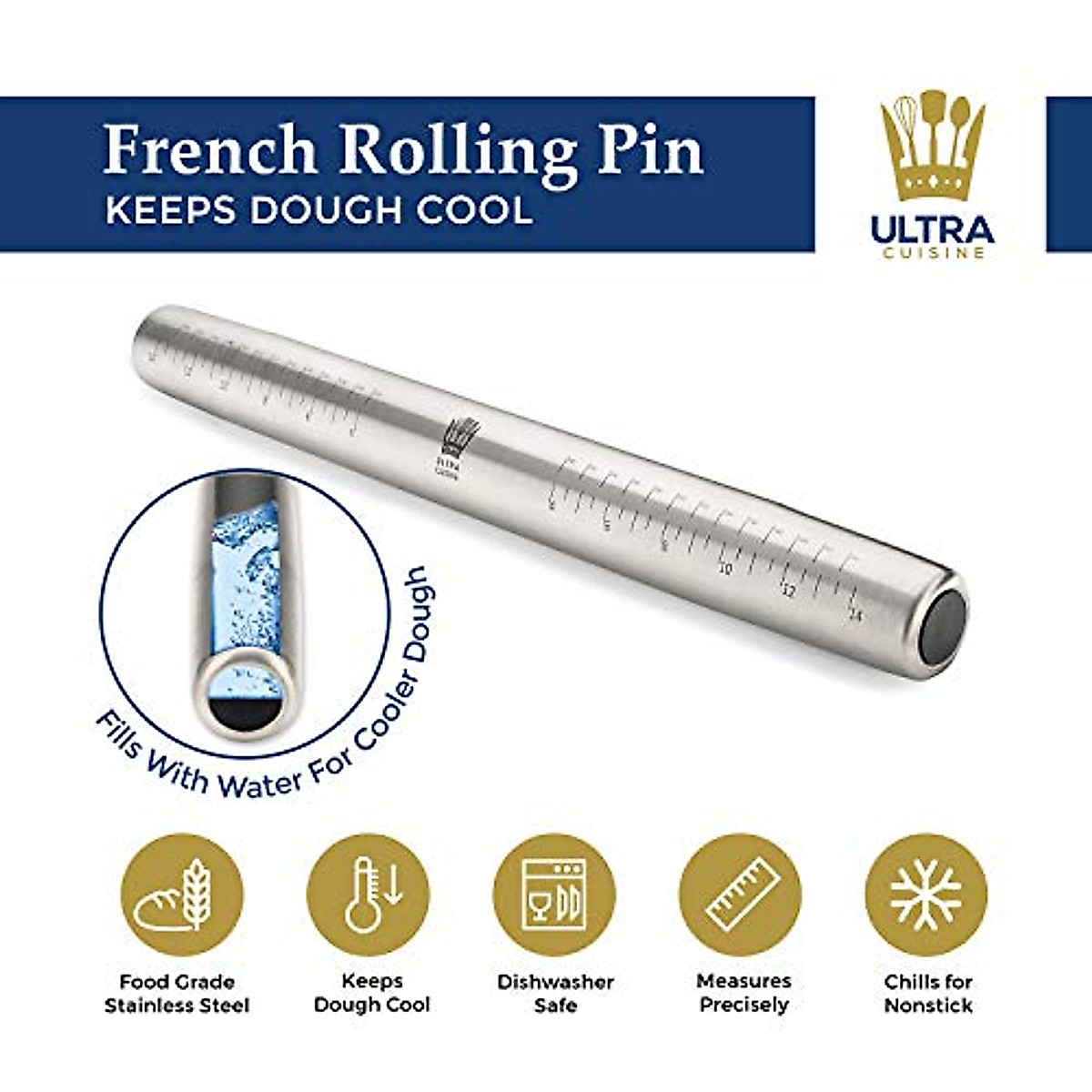 French Rolling Pin for Baking by Ultra Cuisine – Tapered Stainless Steel Design, Adjustable Weight, Professional or Home Use with Pizza, Cookie, Pastry Dough, Fondant & Pie Crust –Dishwasher-Safe