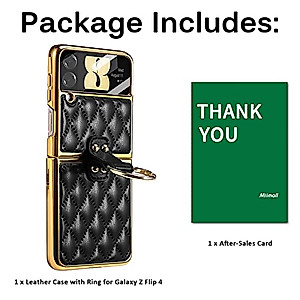 Miimall for Samsung Galaxy Z Flip 4 Leather Case with Ring Holder Stand, Luxury Rhomboid Leather Back Cover Electroplating Frame with Camera Lens Protector Case for Galaxy Z Flip 4 2022(Black)