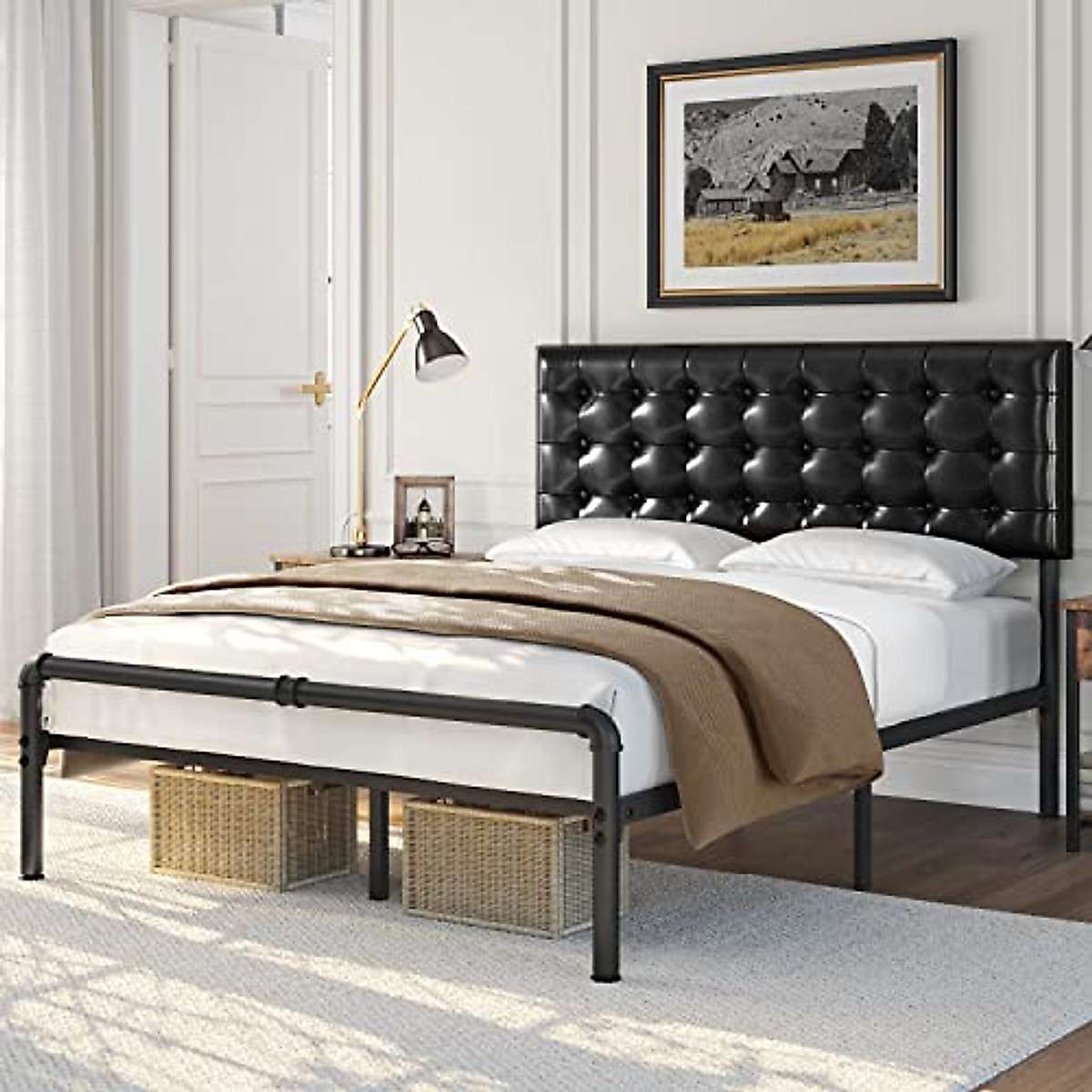 Yaheetech Queen Size Bed Frame, Metal Platform Bed with Faux Leather Height-Adjustable Headboard/12 Inch Underbed Storage/Noise Free/No Box Spring Needed/Industrial Pipe Foot End, Elegant Black