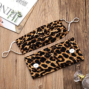 Morebrave Headbands with Buttons for Mask Mouth Cover Floral Button Bandeau Sport Wide Head Wrap Headpiece Printed Stylish Bandanas Elastic Turban Hair Accessories for Women and Girls (Leopard)