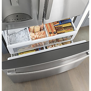 GE PROFILE PYE22KYNFS 36" Counter-Depth Bottom Freezer with French Door Twin Chill Evaporator Quick Space Shelf and LED Lighting in Fingerprint Resistant Stainless Steel