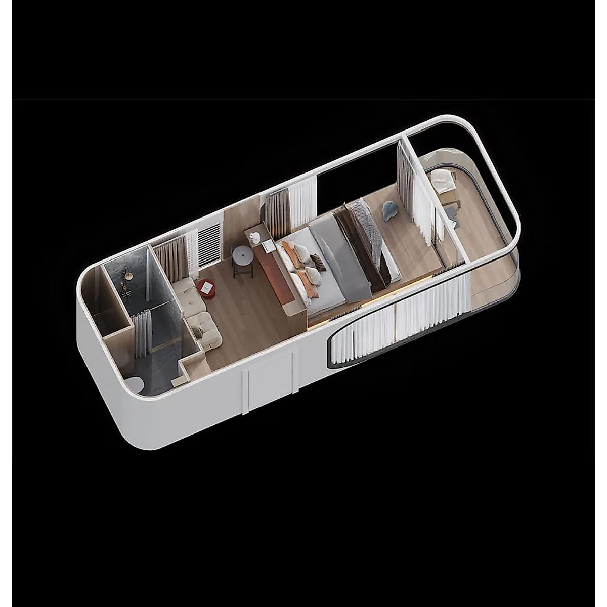 Modern, Portable Living: Prefabricated Mobile Capsule House/Hotel, 30x10.5x10Ft, 315 Sqft. Withstands high Winds, Offers on-The-go Convenience, Full Bathroom Included.