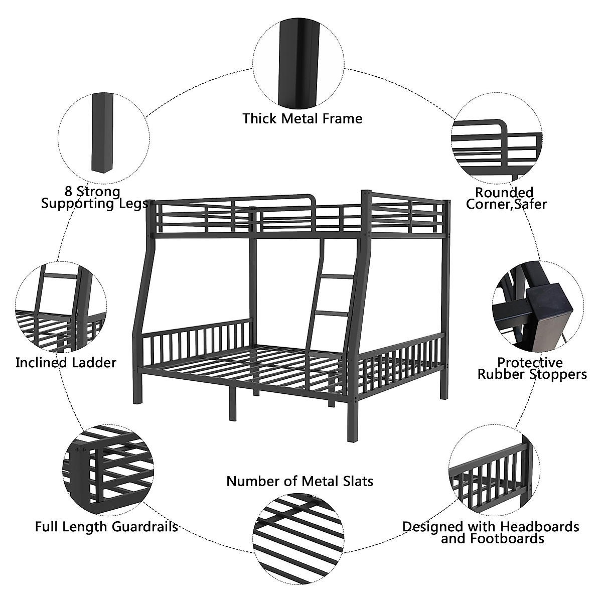 mikibama Full XL Over Queen Bunk,Metal Heavy Duty Bunk Beds for Adults,Queen Bunk Bed with Inclined Ladder,Industrial Bunkbeds for Kids,Adult,Small Spaces,Space Saving. (Black, Full XL Over Queen)