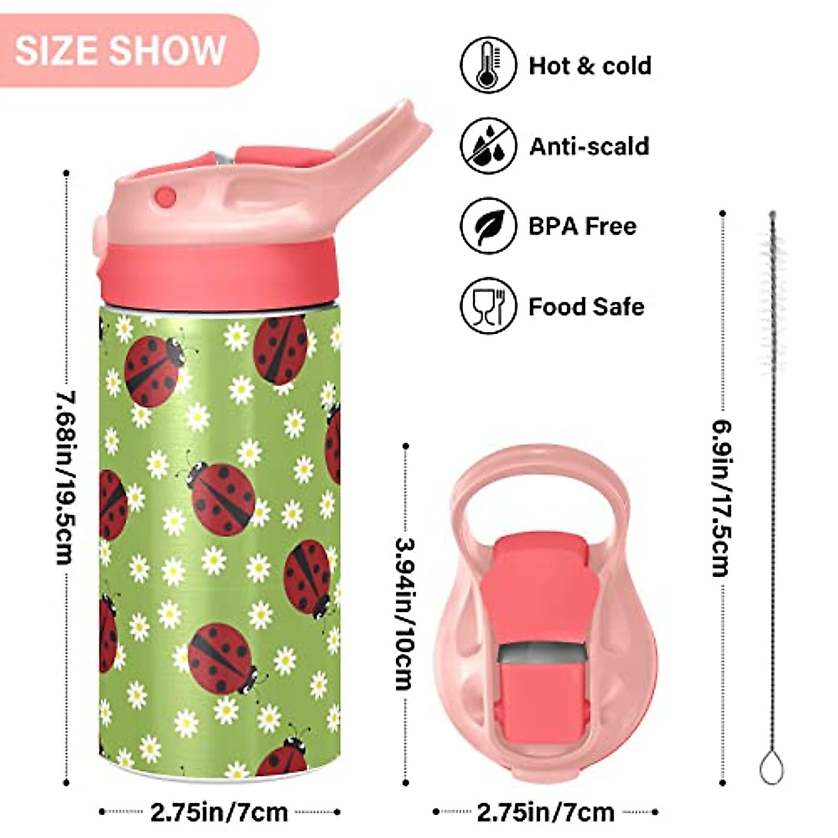 ALAZA Ladybug Kids Water Bottles with Lids Straw Insulated Stainless Steel Water Bottles Double Walled Leakproof Tumbler Travel Cup for Girls Boys Toddlers 12 oz,Pink
