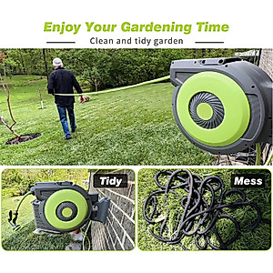 REDUCTUS 5/8" x 85 ft Retractable Garden Hose Reel, Wall Mount Retractable Water Hose with 10 Pattern Hose Nozzle, Any Length Lock/180° Swivel Automatic Hose Reels for Outside Garden Watering
