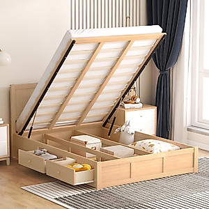 Harper & Bright Designs Full Size Bed with Storage Underneath and Headboard, Wood Lift Up Storage Bed Frame, Full Platform Bed with 2 Drawers, No Box Spring Needed, Easy Assembly - Natural