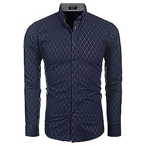 COOFANDY Mens Shirt Slim Fit Dress Business Plaid Button Down Collar, Navy Blue, Large, Long Sleeve
