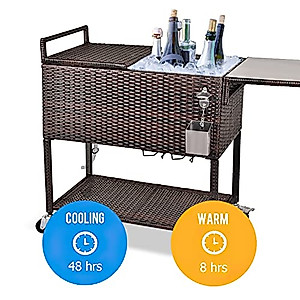 OKIDA Rolling Wicker Cooler Cart Outdoors, 80 Quart Ice Chest with Bottle Opener, Portable Beverage Bar for Patio Pool Party, Rattan Cooler Trolley with Stainless Cutting Board and Waterproof Cover
