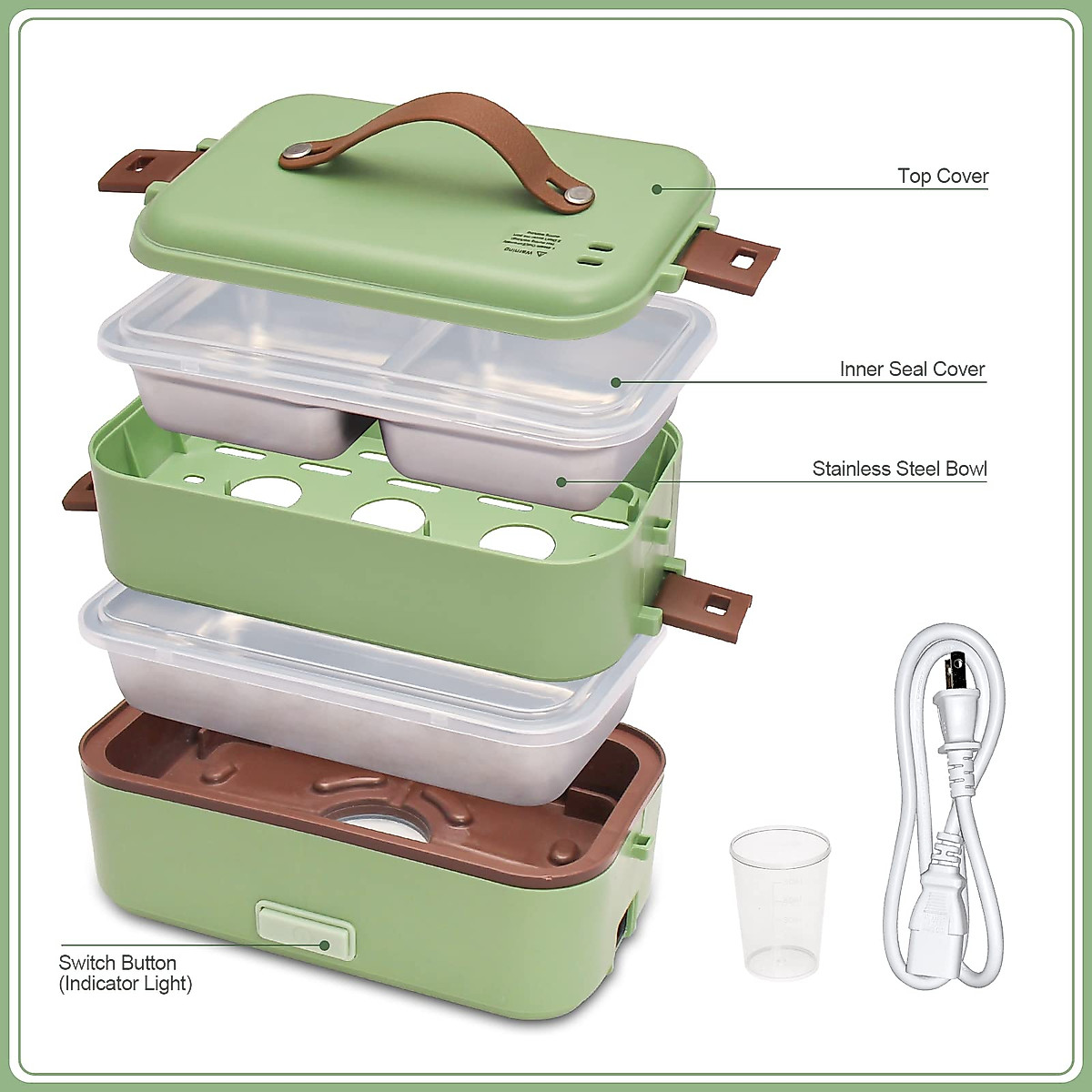 Electric Lunch Box Food Heater, 3 in 1 Portable Food Warmer for Office Home School,2 Layer Heated Lunch Box Leak Proof, Food Warmer with Removable 304 Stainless Steel Container 800ml (Green)