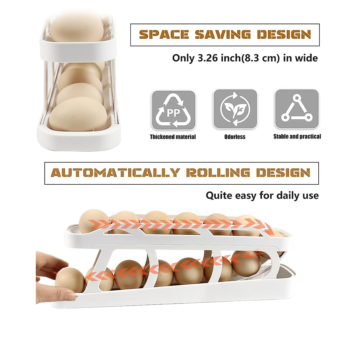 HAHOME Egg Holder for Fridge, Egg Dispenser Auto Rolling Egg Tray Storage and Organizer, Space-Saving Egg Roller for Refrigerator, White 2PCS